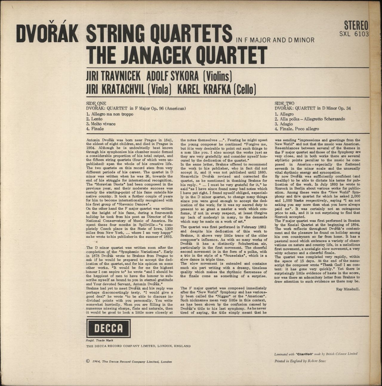 Antonín Dvorák String Quartets In F Major, Op. 96 & D Minor, Op. 34 UK — RareVinyl.com