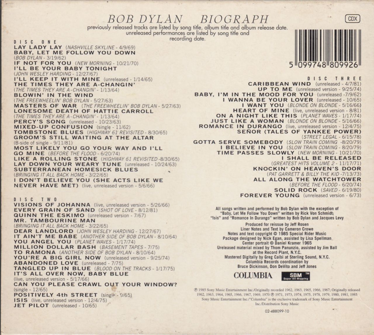 Bob Dylan Biograph UK 3-CD set — RareVinyl.com
