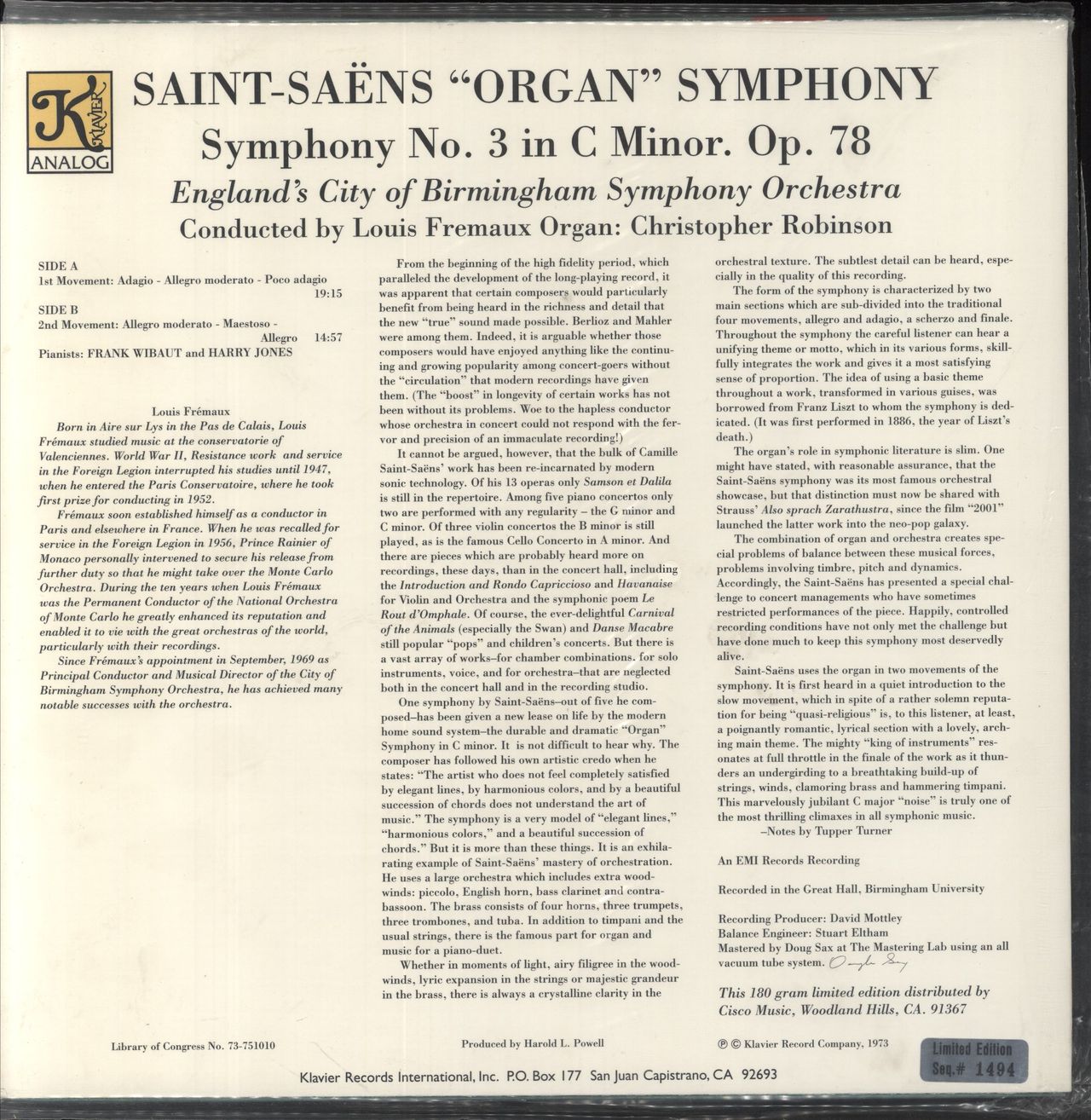 Camille Saint-Saëns Saint-Saéns 'Organ Symphony'/ Symphony No. 3 In C — RareVinyl.com