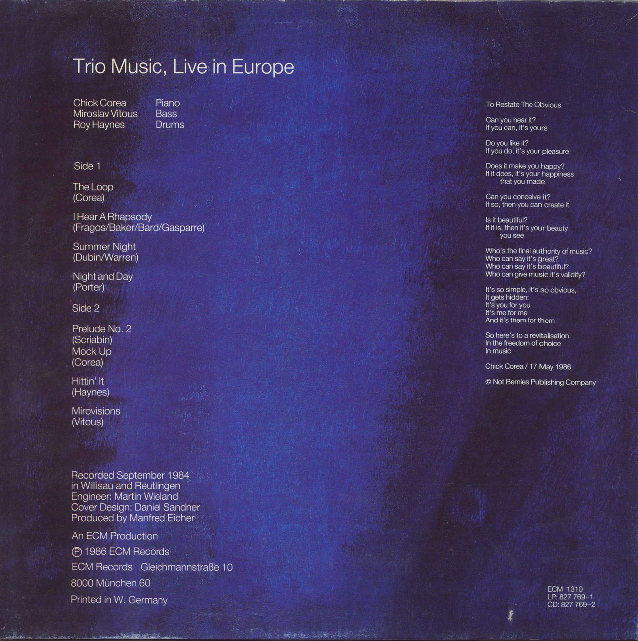 Chick Corea Trio Music, Live In Europe German Vinyl LP — RareVinyl.com