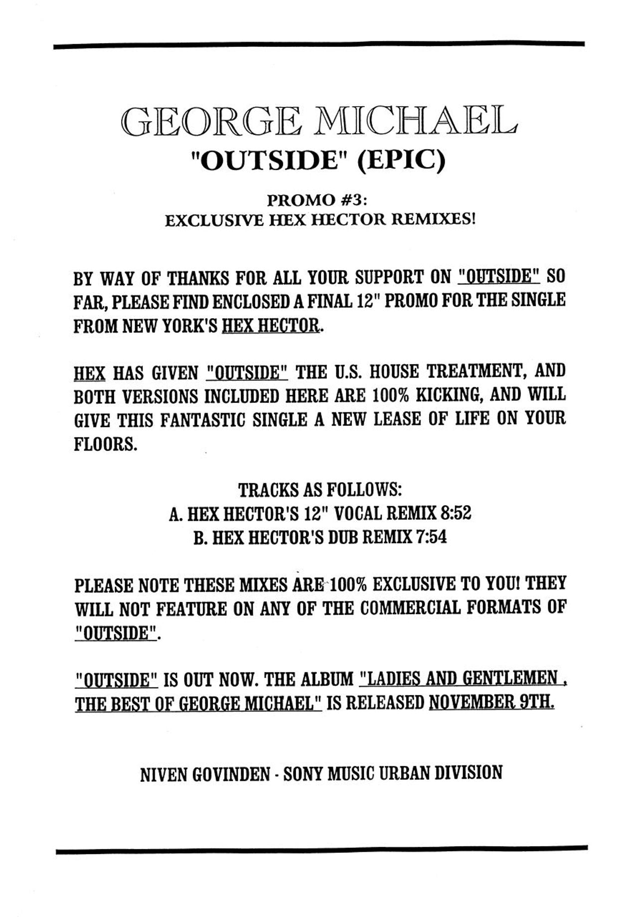 George Michael Outside #3 - Hex Hector Mixes UK Promo 12" vinyl ...