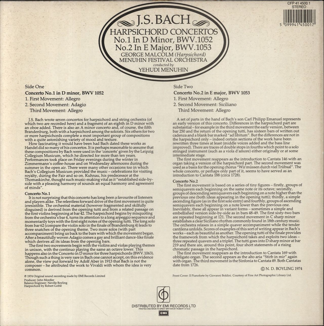 Johann Sebastian Bach J. S. Bach: Harpsichord Concertos UK Vinyl LP — RareVinyl.com