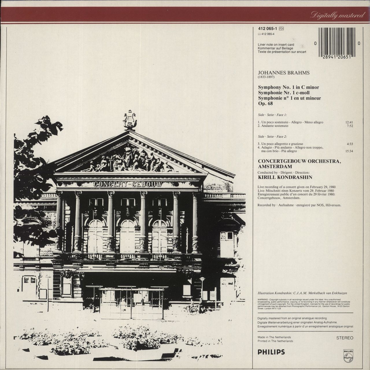 Johannes Brahms Brahms: Symphony No 1 Dutch Vinyl LP — RareVinyl.com