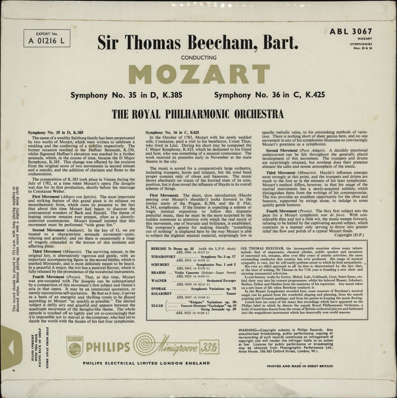 Wolfgang Amadeus Mozart Symphony No. 35 In D Major K. 385 "Haffner" / — RareVinyl.com