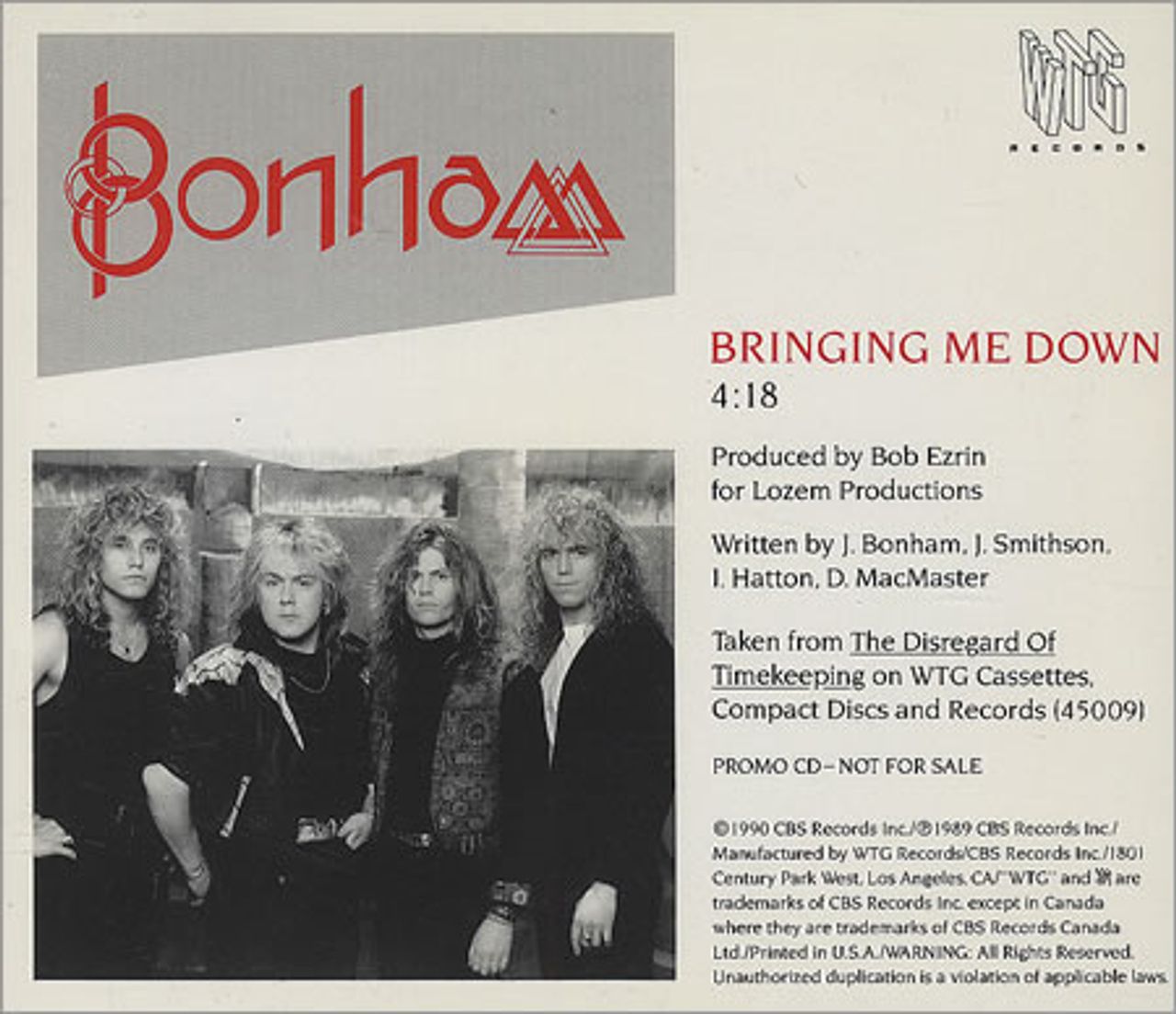 Bonham Bringing Me Down US Promo CD single — RareVinyl.com