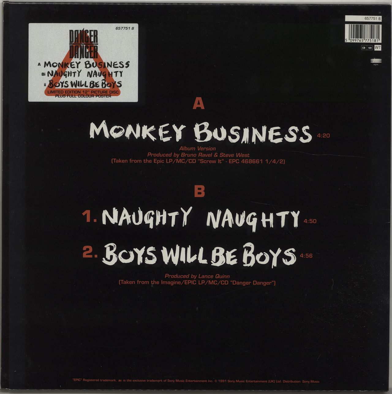 Danger Danger Monkey Business + Poster UK 12" picture disc — RareVinyl.com
