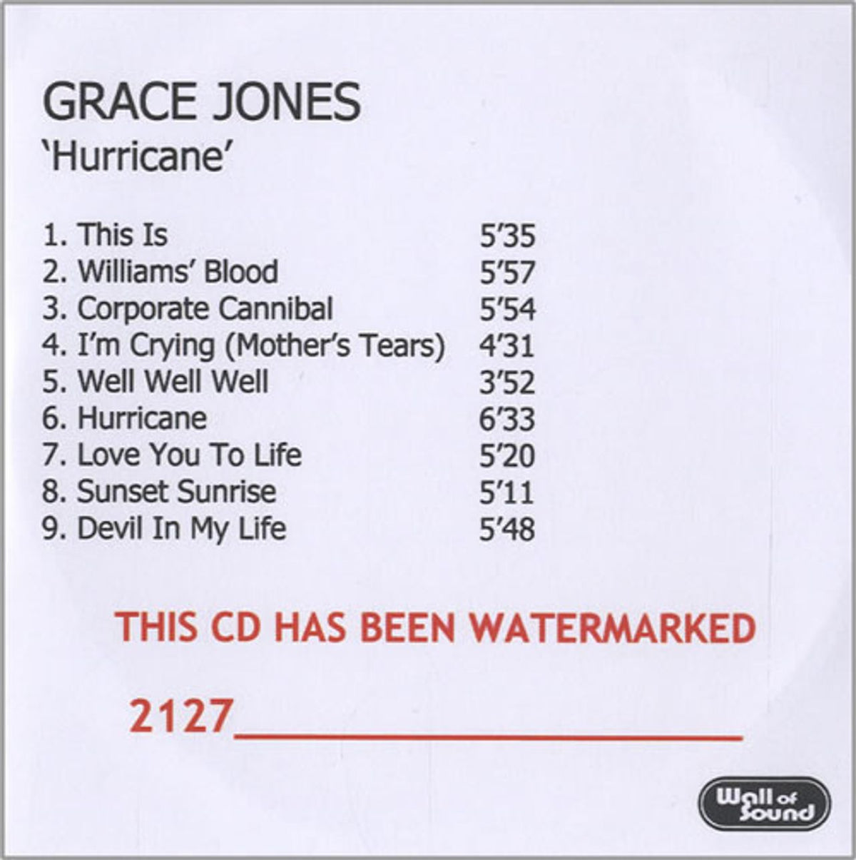 Grace Jones Hurricane UK Promo CD-R acetate — RareVinyl.com