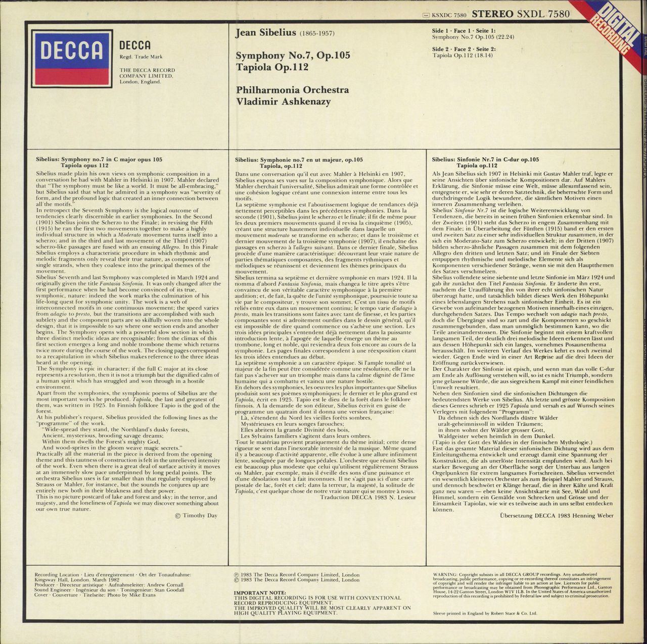 Jean Sibelius Sibelius: Symphony No.7 / Tapiola UK Vinyl LP — RareVinyl.com