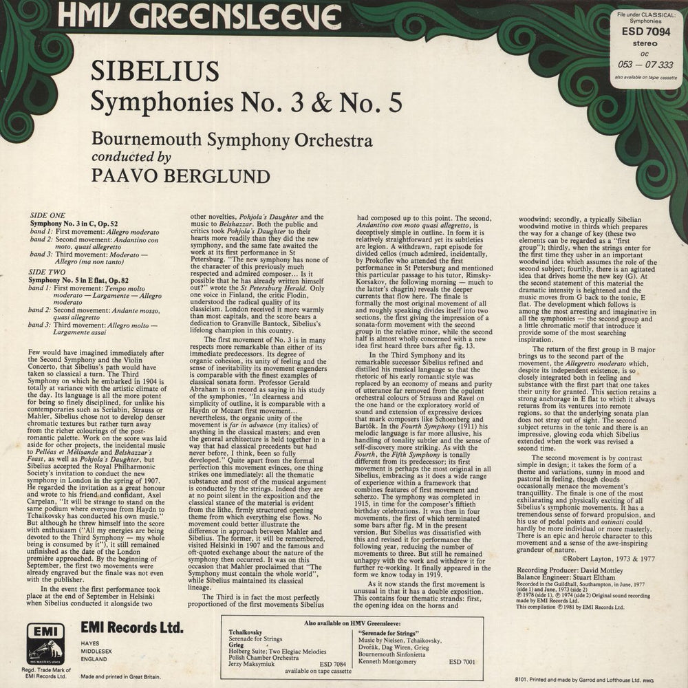 Jean Sibelius Symphony No.3 in C & Symphony No. 5 in E flat UK Vinyl L — RareVinyl.com