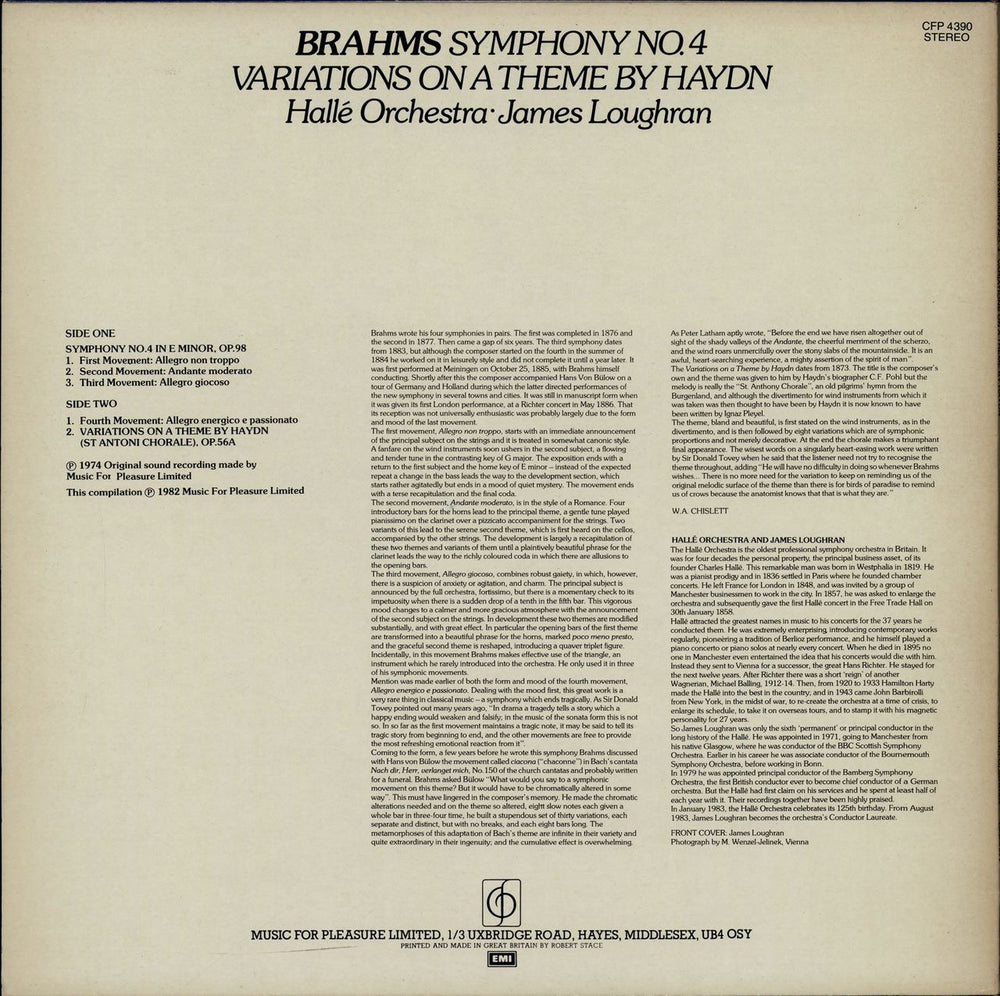 Johannes Brahms Symphony No. 4 / Variations On A Theme By Haydn UK Vin — RareVinyl.com