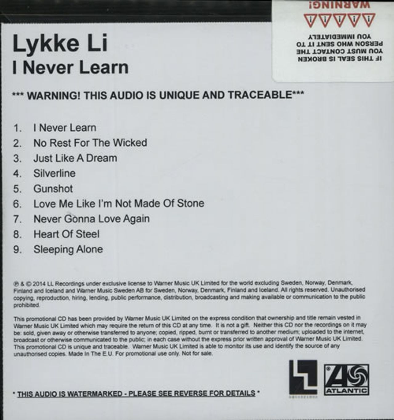 Lykke Li I Never Learn UK Promo CD-R acetate — RareVinyl.com