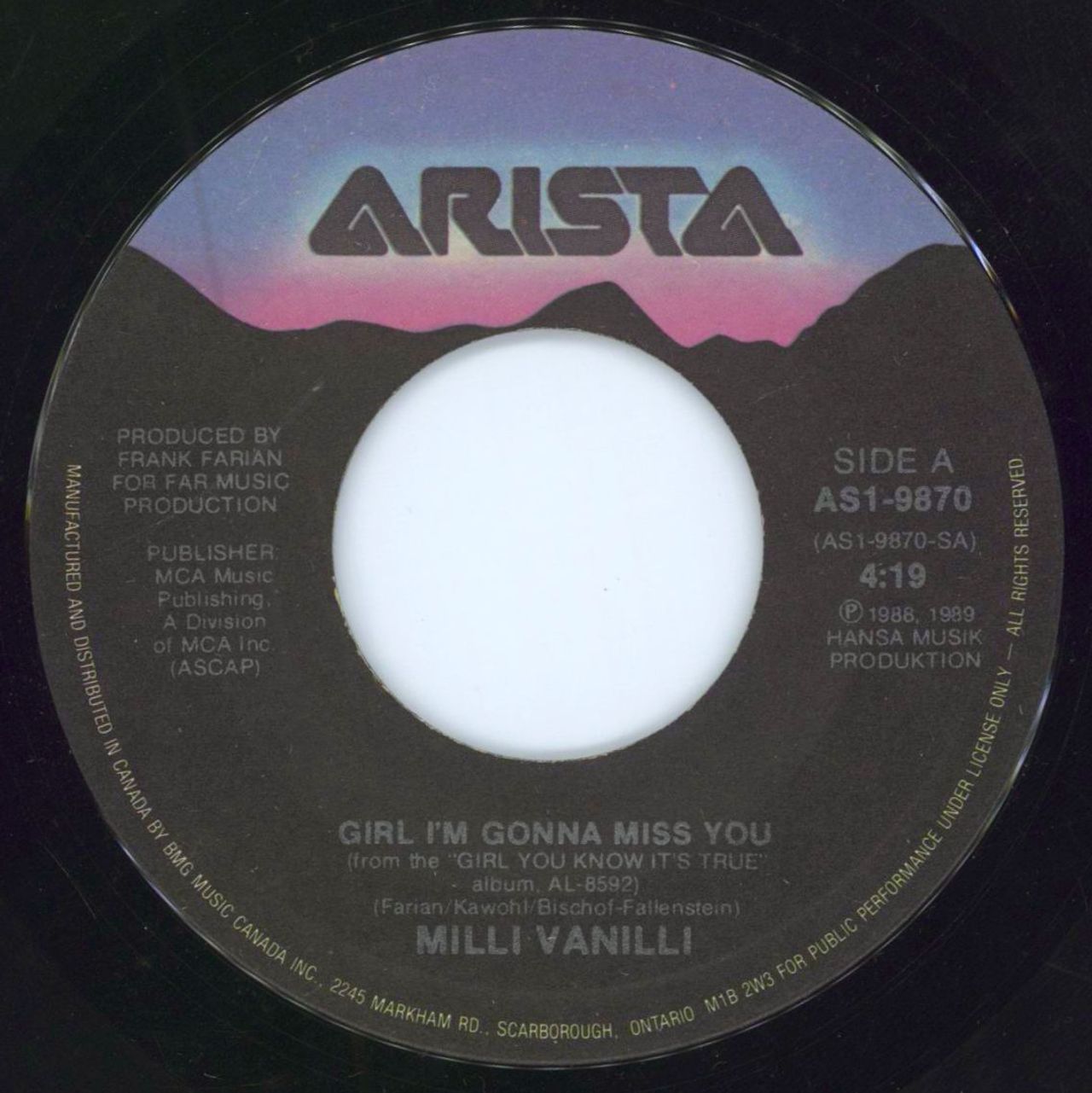 Milli Vanilli Girl I'm Gonna Miss You Canadian 7" vinyl — RareVinyl.com