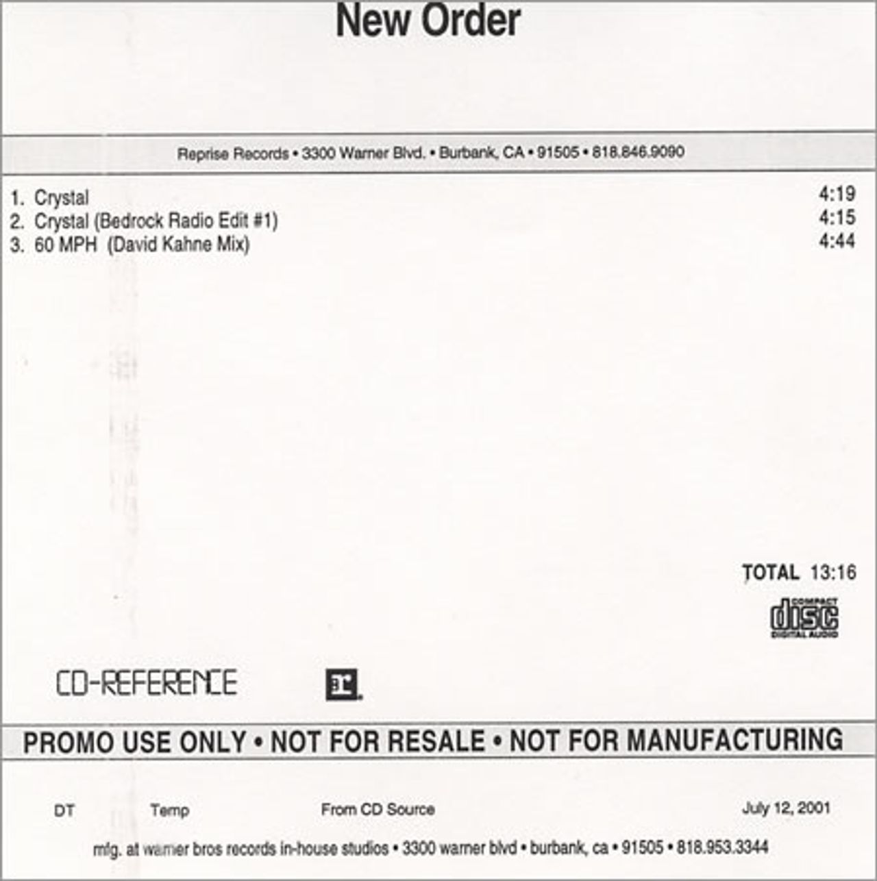 New Order Crystal US Promo CD-R acetate — RareVinyl.com