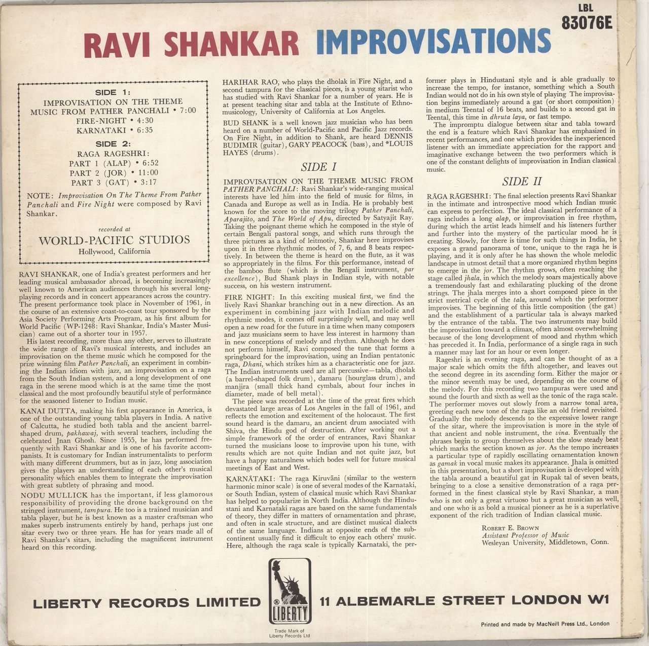 Ravi Shankar Improvisations - EX UK Vinyl LP — RareVinyl.com
