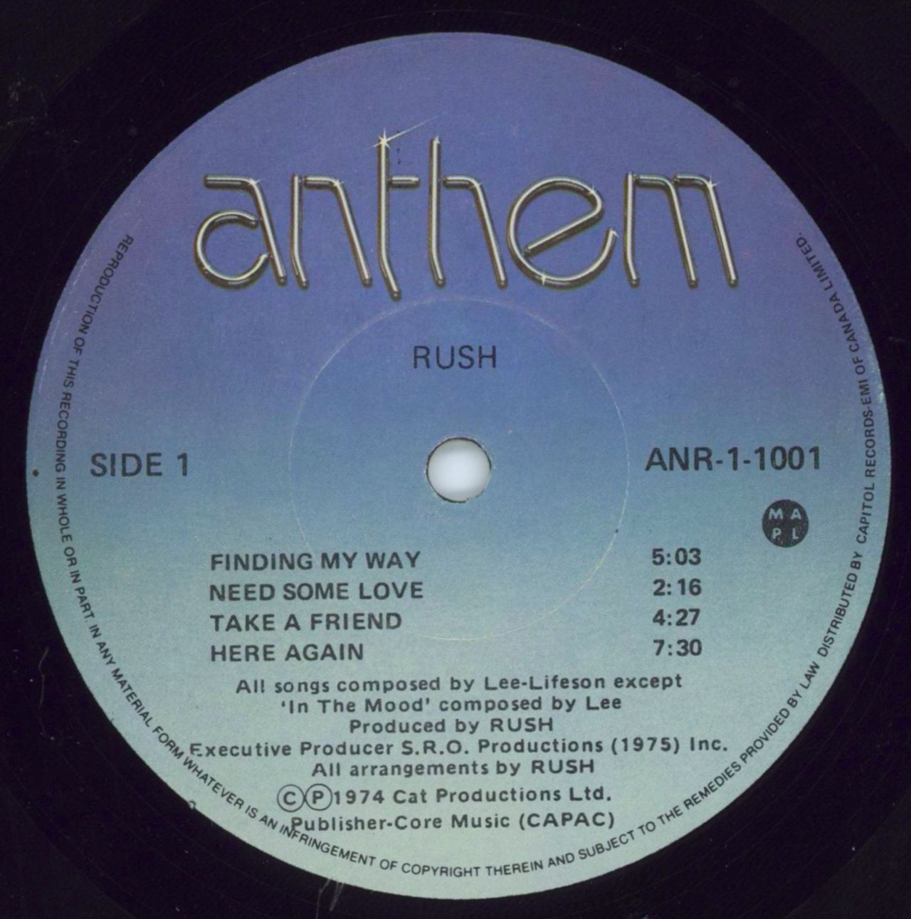 Rush Rush - 1st Anthem label Canadian Vinyl LP — RareVinyl.com
