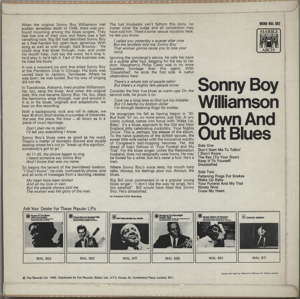 Sonny Boy Williamson Down And Out Blues UK Vinyl LP — RareVinyl.com