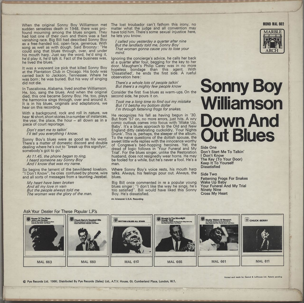 Sonny Boy Williamson Down And Out Blues UK Vinyl LP — RareVinyl.com