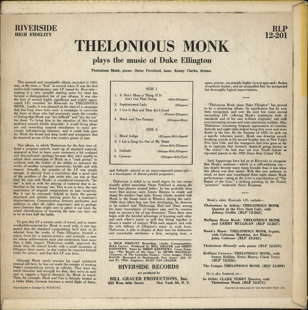 Thelonious Monk Thelonious Monk Plays Duke Ellington - 1st UK Vinyl LP — RareVinyl.com