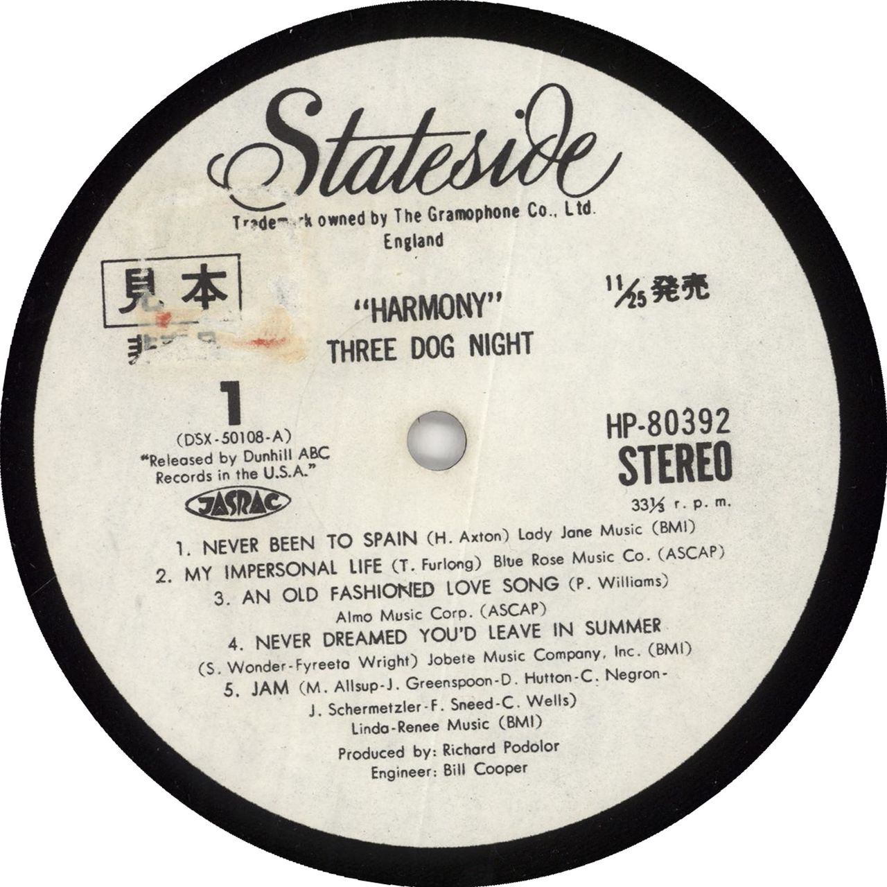 Three Dog Night Harmony - White label Japanese Promo Vinyl LP — RareVinyl.com