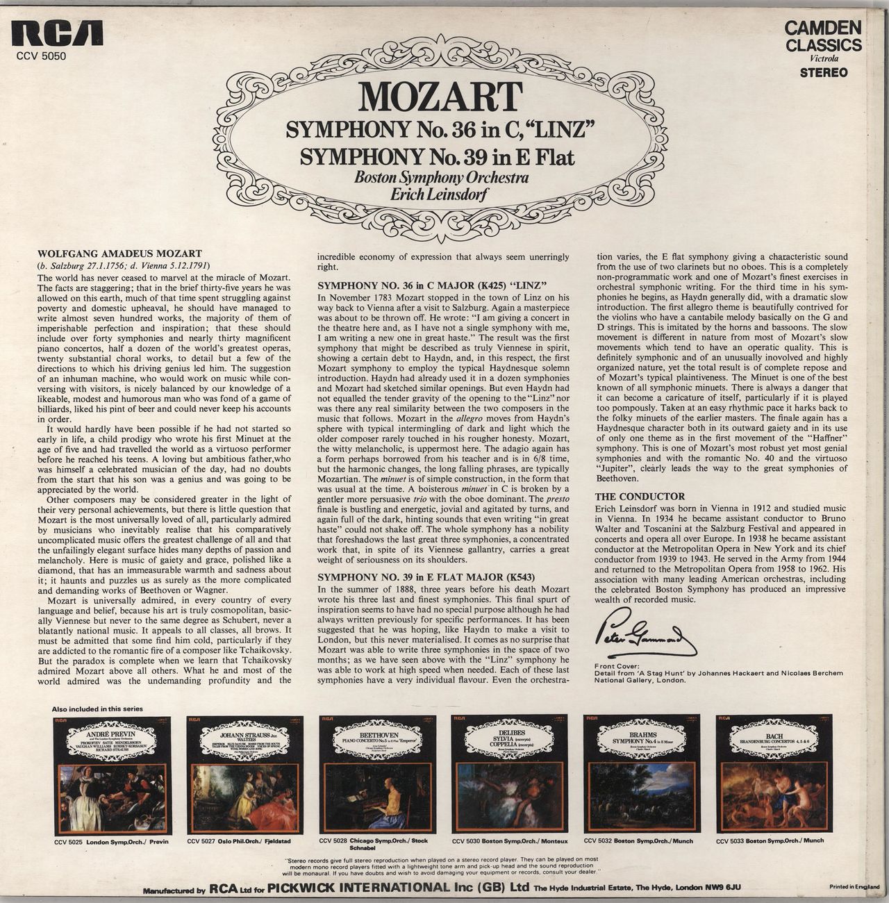 Wolfgang Amadeus Mozart Symphony No. 36 In C 'Linz' & Symphony No. 39 — RareVinyl.com
